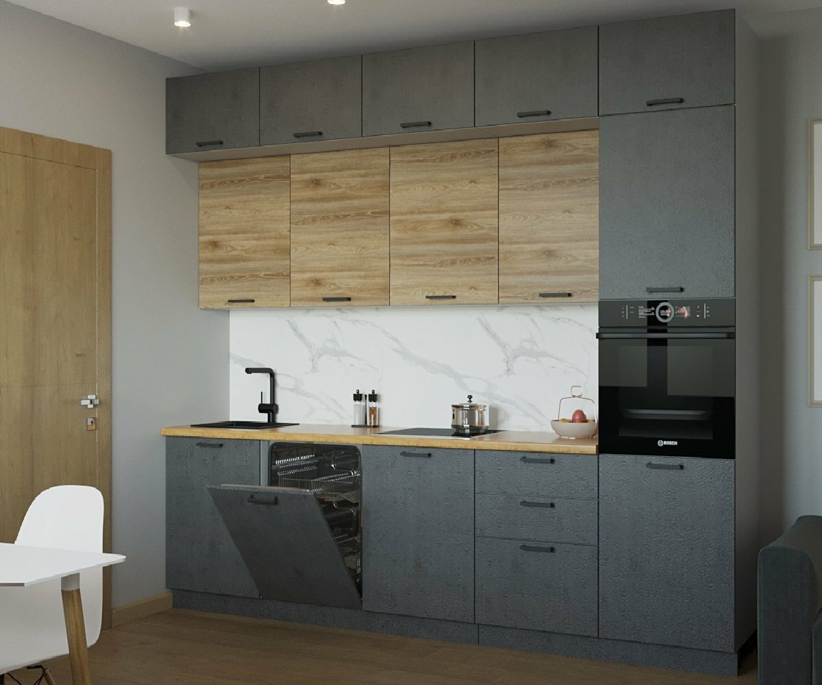 Кухонный прямой гарнитур Лофт, 3000 мм, рустик соломенный/бетон темный, высота 2500 мм