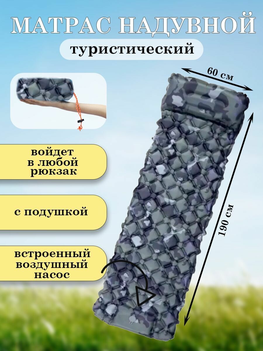 Дорожный туристический надувной коврик 190х60 см с подушкой и чехлом для переноски, камуфляж