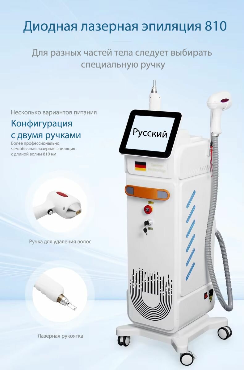 Эпилятор лазерный Многофункциональный косметологический аппарат для эпиляции с двумя ручками, оснащенный русской операционной системой