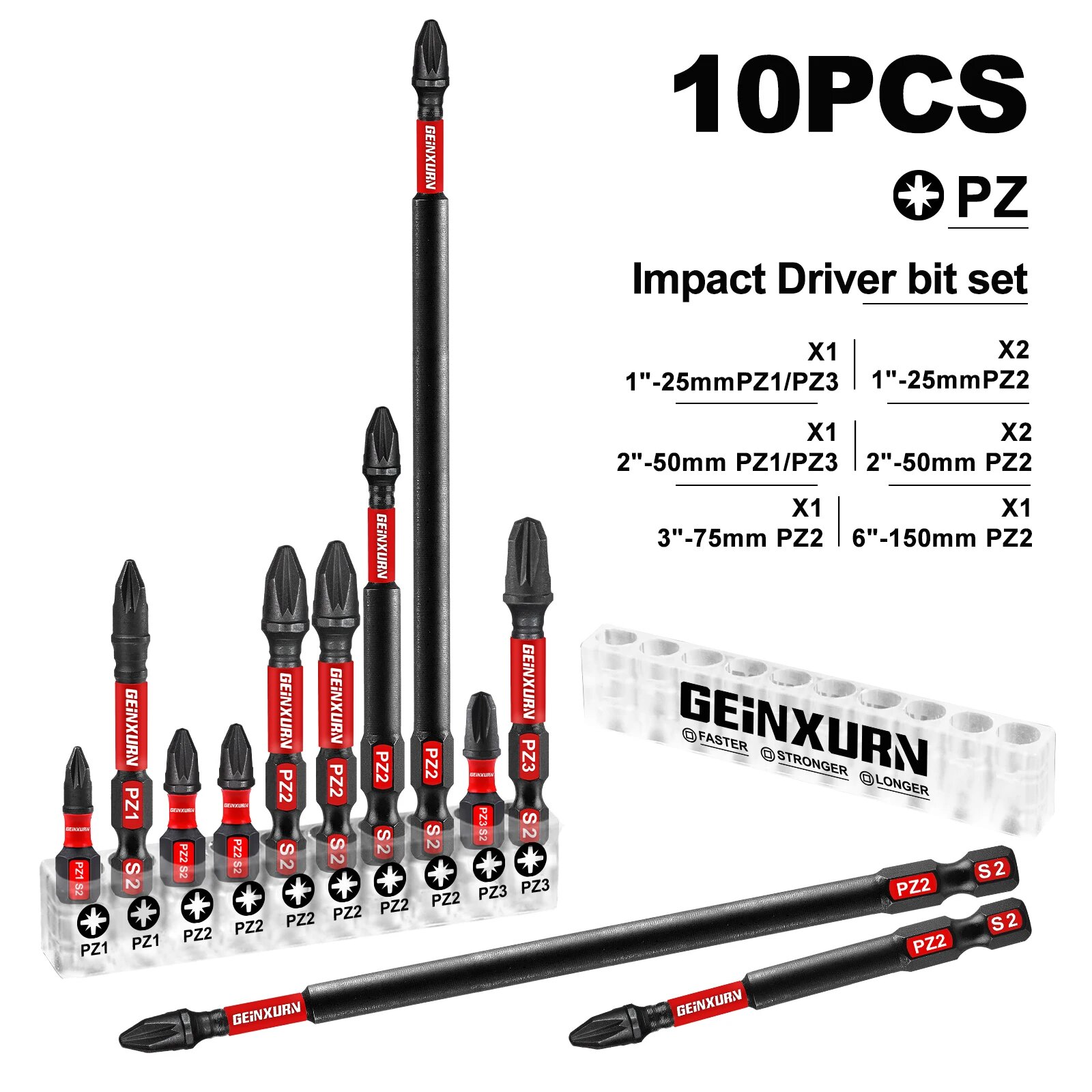 Набор бит Pozidriv PZ1-PZ3 Geinxurn 10шт