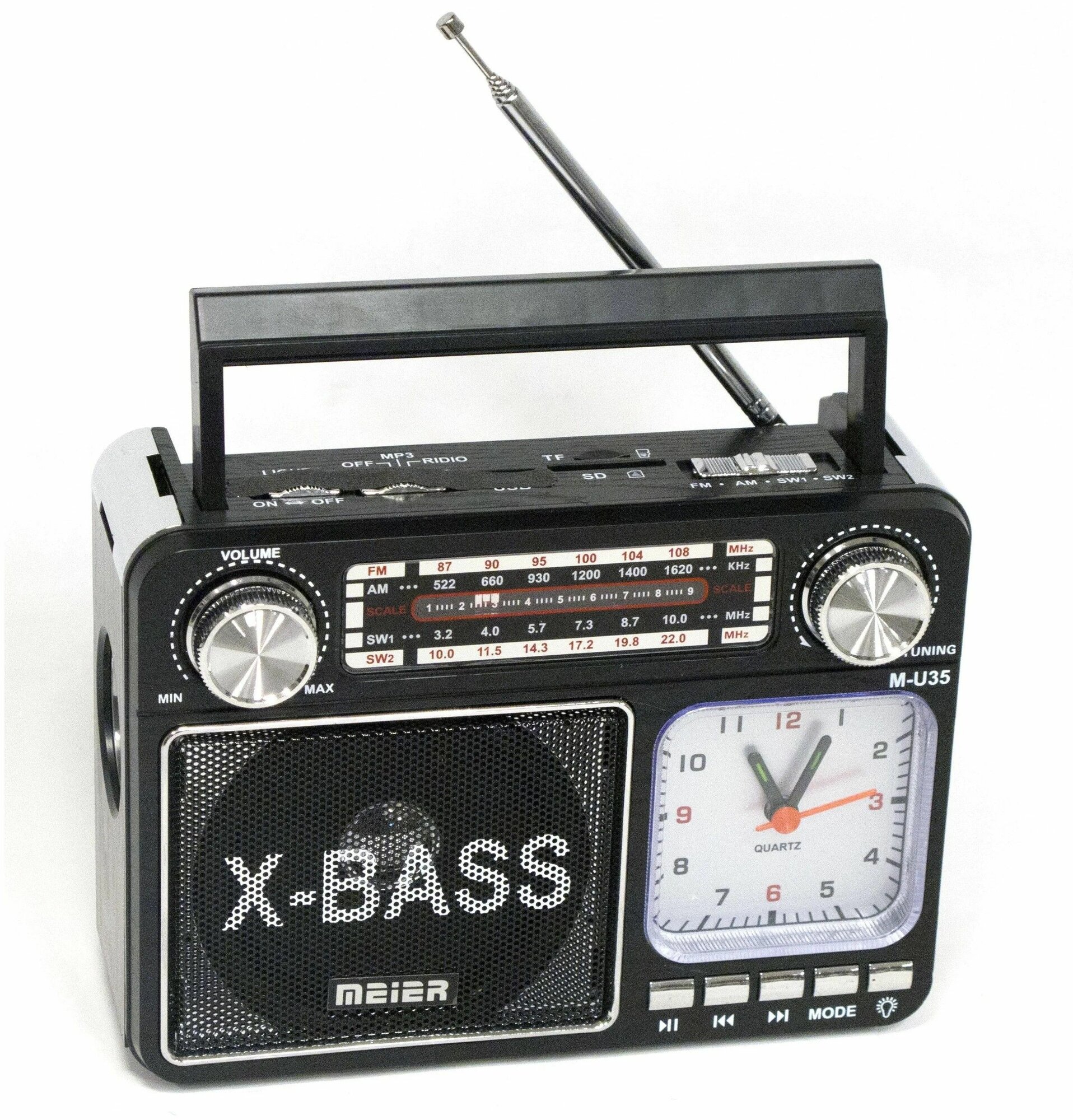 Радиоприемник MEIER M-U36 чёрный, фонарик, часы
