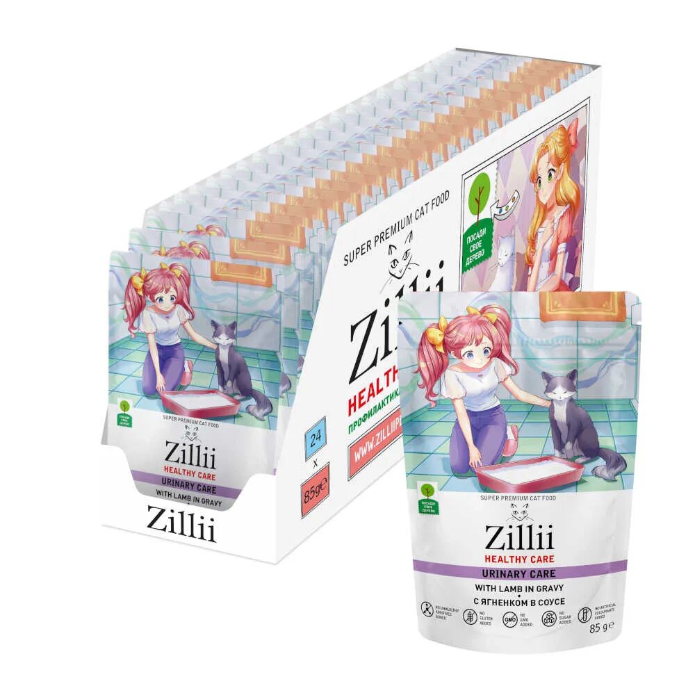 Влажный корм Zillii Healthy Care Urinary для взрослых кошек, РН контроль, с ягненком в соусе, в паучах - 85 г х 24 шт