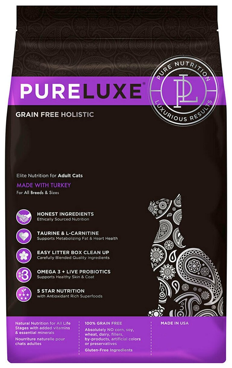 Сухой корм PureLuxe для взрослых котов кошек всех пород, со вкусом индейки, 2шт по 400г