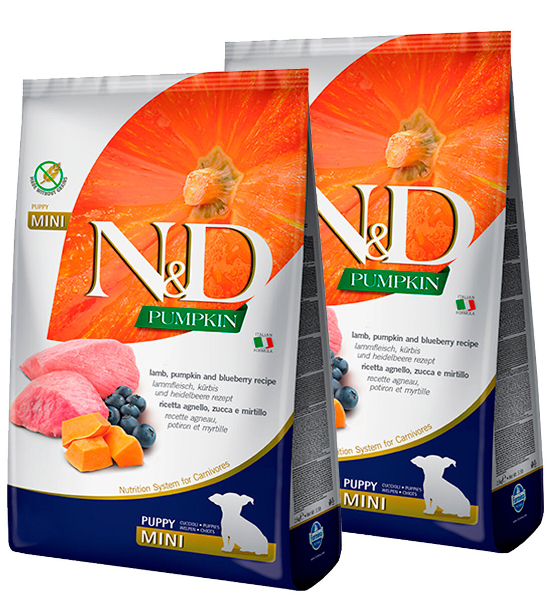 FARMINA DOG N&D GRAIN FREE PUMPKIN PUPPY MINI LAMB & BLUEBERRY беззерновой для щенков маленьких пород с ягненком, черникой и тыквой (0,8 + 0,8 кг)