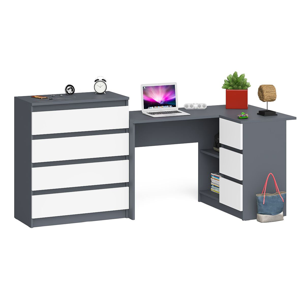 Угловой компьютерный стол для дома 205см графит/белый Спасибо-Мебель