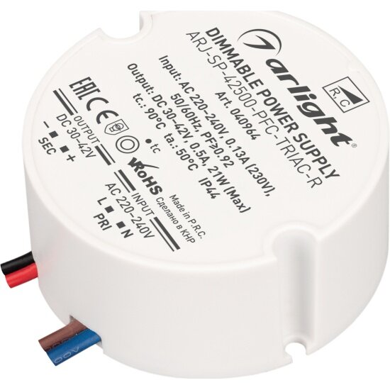 Блок питания Arlight ARJ-SP-42500-PFC-TRIAC-R (21W, 30-42V, 500mA) (, IP44 Пластик, 5 лет)