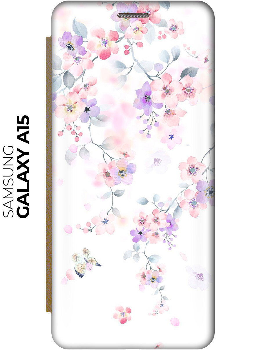 Чехол-книжка на Samsung Galaxy A15 / Самсунг А15 с рисунком "Акварельные цветы вишни" золотой