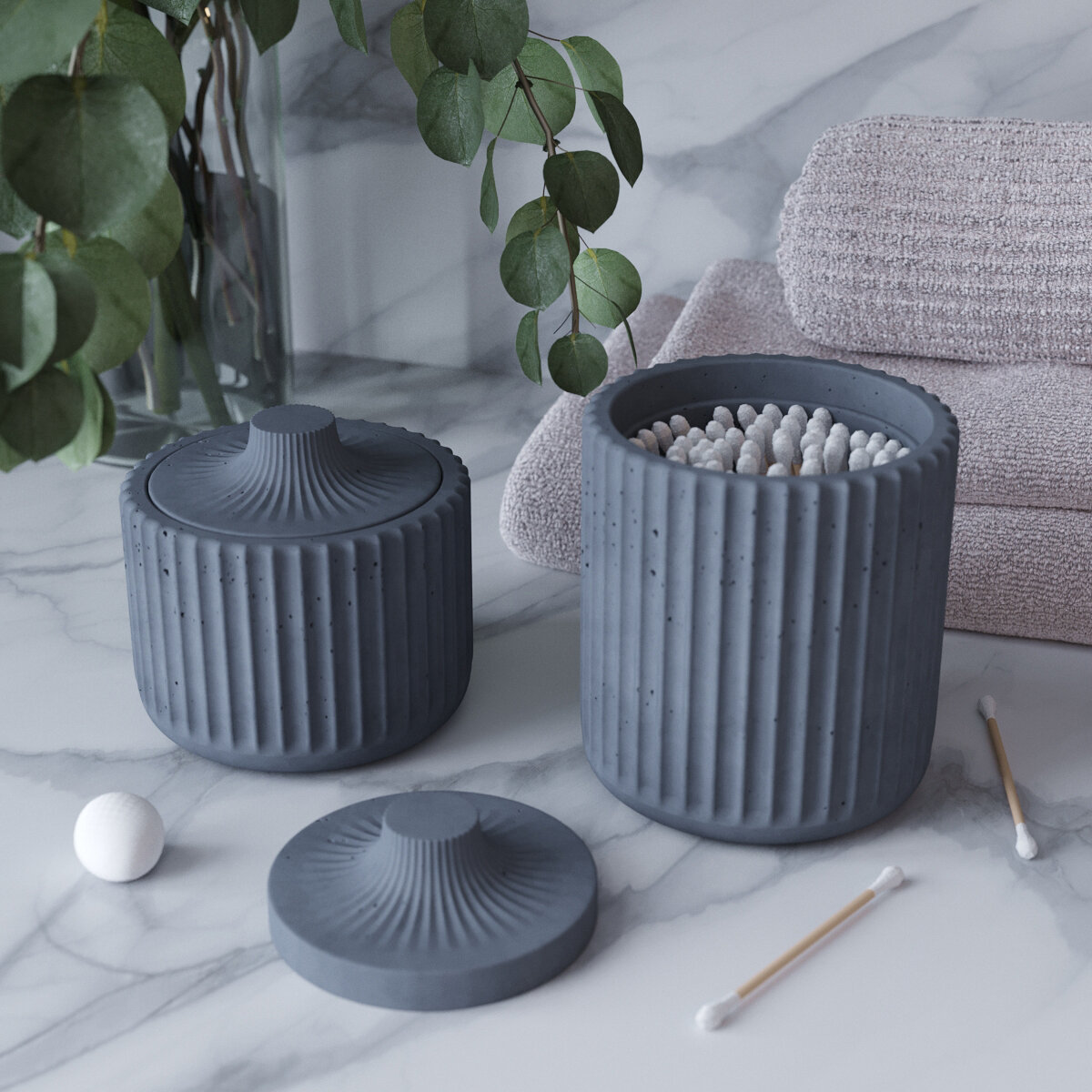 Набор для ванной Chloe 05 (подставки для ватных дисков и палочек XS + S с бетонными крышками), бетон, матовый графитовый