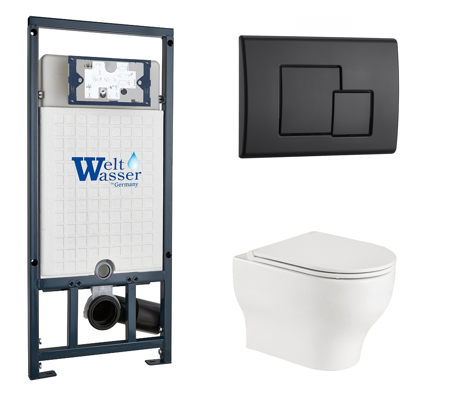 Комплект 3 в 1 инсталляция WeltWasser WW Marberg 507 + Подвесной унитаз WeltWasser Erlenbach 004 GL-WT с кнопкой черной SE 10000005949 + 10000010239 + 10000003807