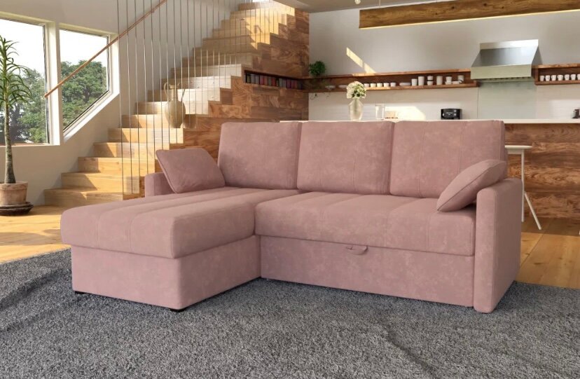 Диван угловой DiHall "Римини", велюр, розовый, трансформация "дельфин", ящик для белья