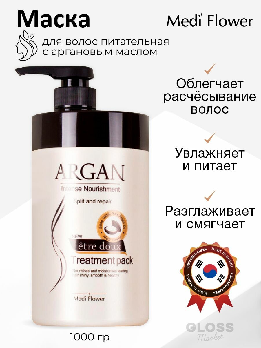 Medi Flower Питательная маска для поврежденных волос с аргановым маслом Teartment Pack Argan Intense Nourishment 1000 мл