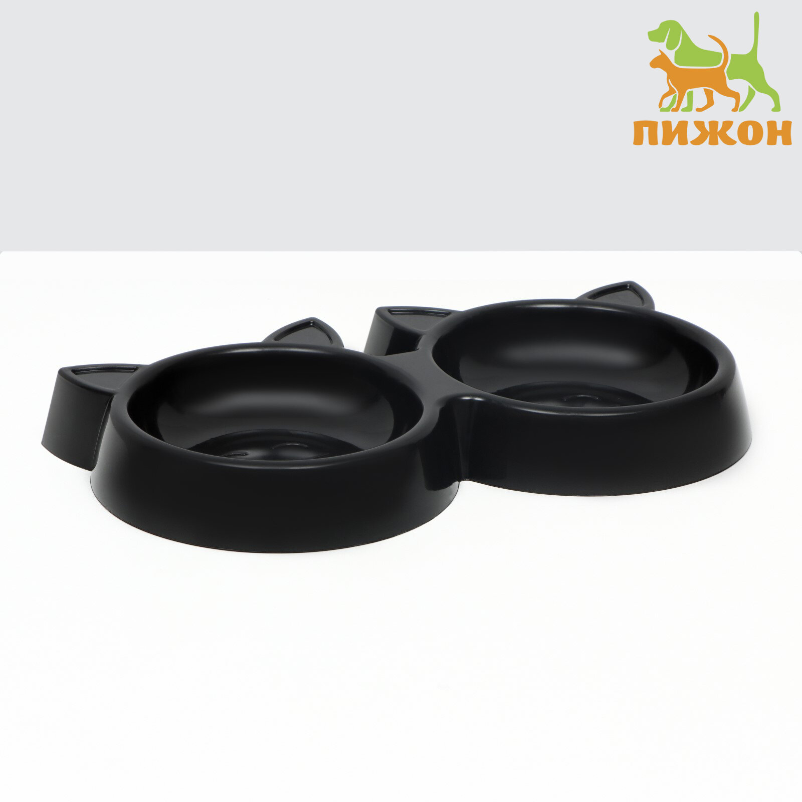 Миска Пижон "Кошка", для корма и воды, пластик, двойная, черная, 27 см x 14 см x 3,5 см