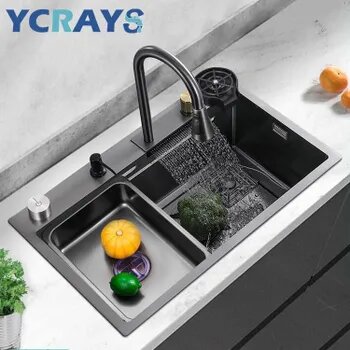 Многофункциональная раковина наномойка с дозатором мыла 75*45 см/ Выдвижной кран с водопадом "Летящий дождь/ Чашечная шайба/