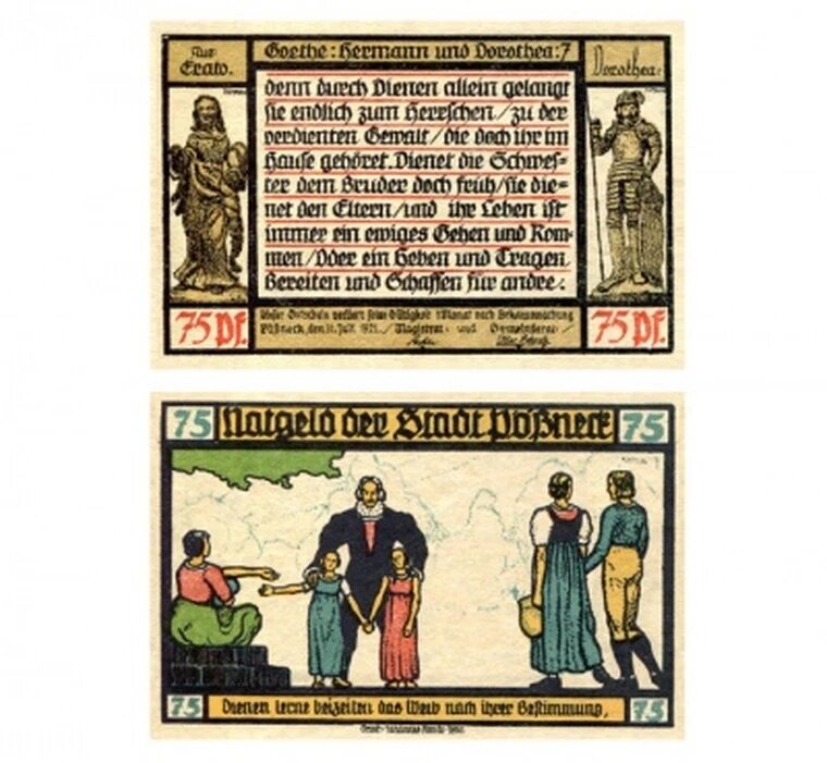 Нотгельд 75 пфеннигов 1921 Германия, Пёснек, сувенирная копия, банкноты и купюры редкие коллекционные