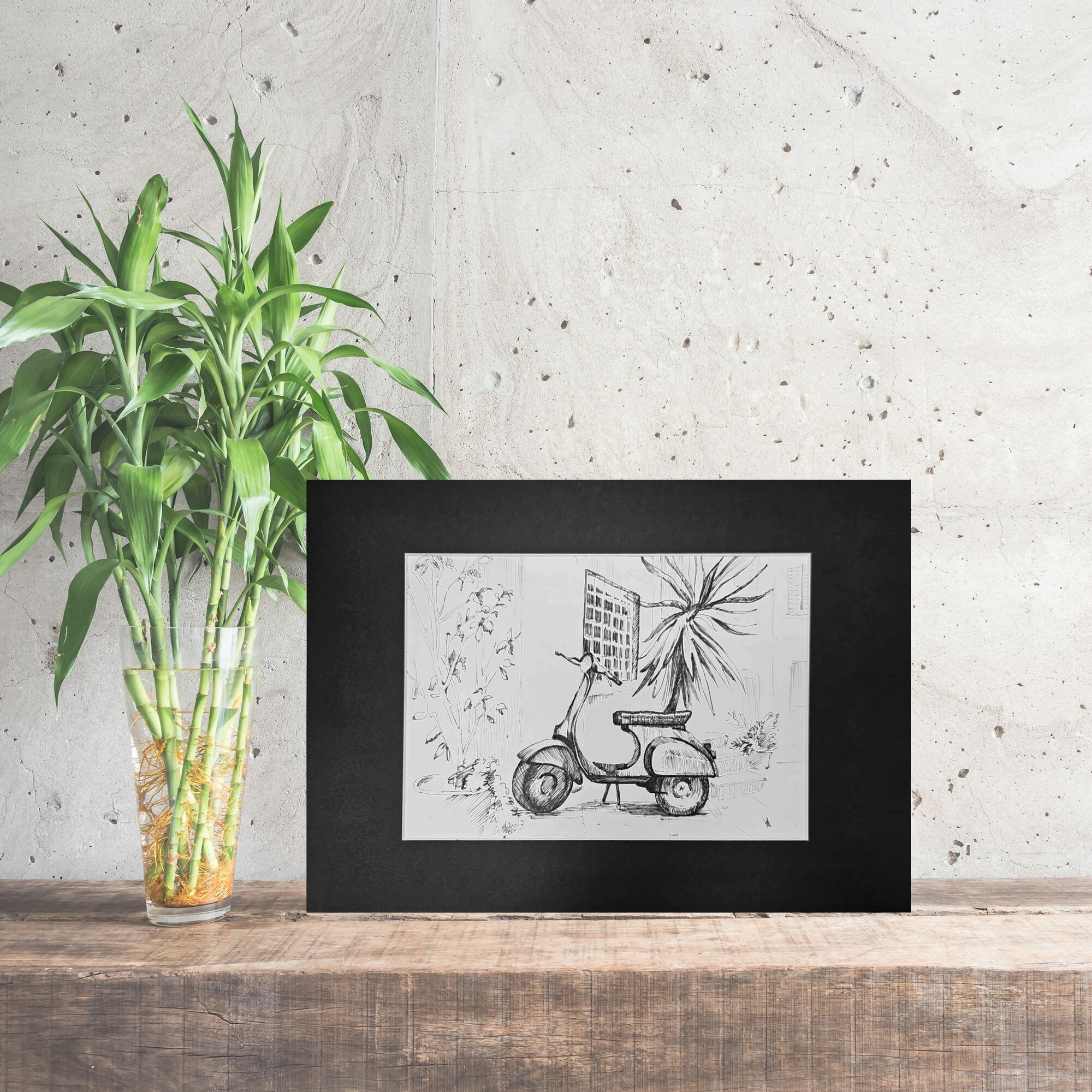 Картина, графика в паспарту 21х30 см на стену для интерьера "Мопед"