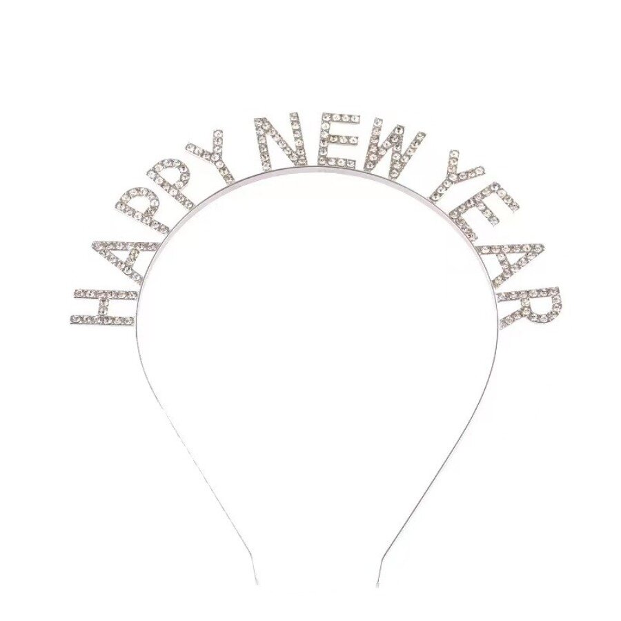 Ободок для волос HAPPY NEW YEAR новогодний серебряного цвета в кристаллах
