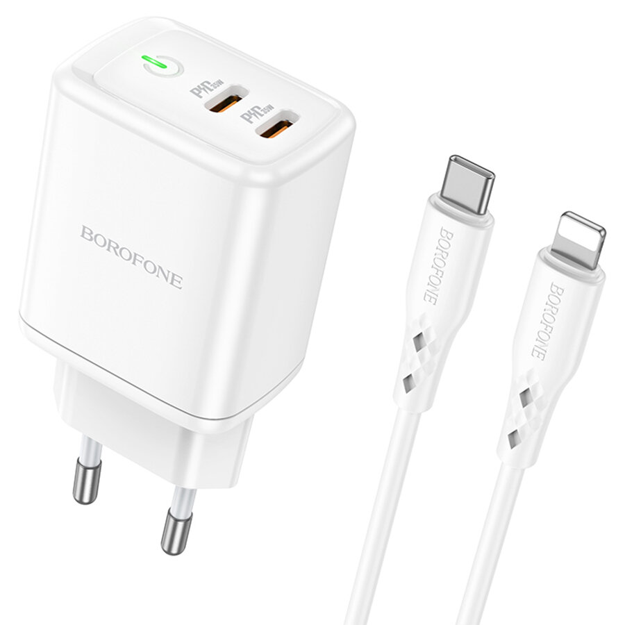 Сетевое зарядное устройство BOROFONE BN9 Reacher 2xUSB-C с Кабелем Type-C - Lightning, 35W, белый