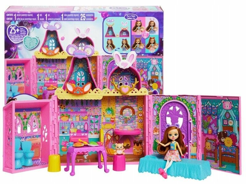 Игровой набор Mattel Enchantimals - Детский игрушечный кукольный домик Friendship House с 7 игровыми площадками, мебелью, 1 куклой, фигуркой животного и 24 аксессуарами - Энчантималс HLX53