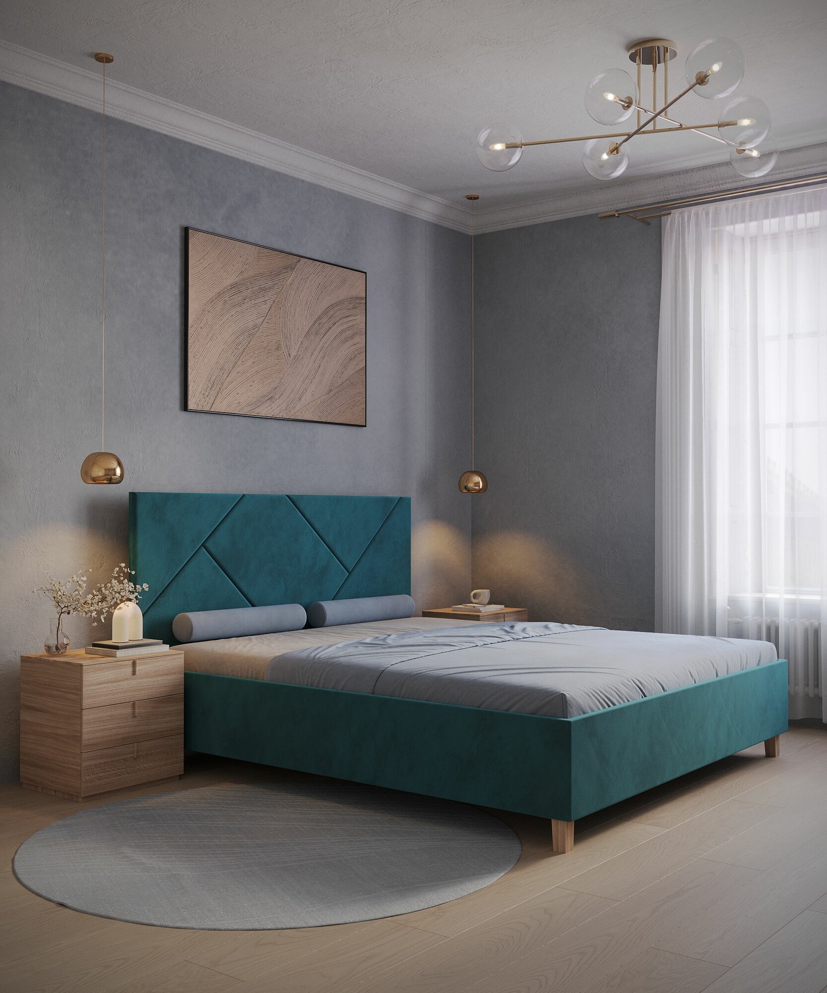 180х200, InRoom двуспальная кровать с подъемным механизмом, Delta, два ящика для белья, бирюзовый , с ножками