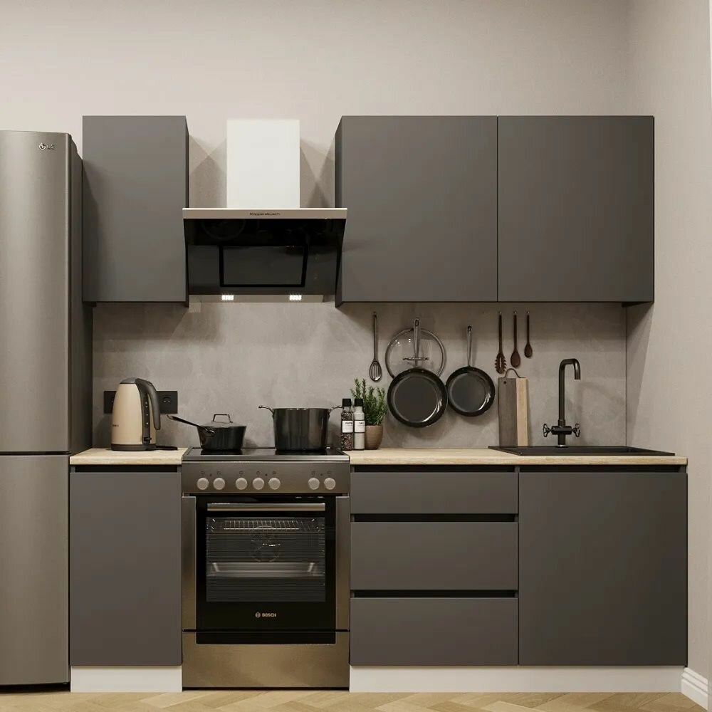 Кухня Денвер 1,6 м Серый графит/Дуб сонома с мойкой S-1 Черный глянец+Сифон (Комплект) 1600х442(600)х2150 Мебельный Рай