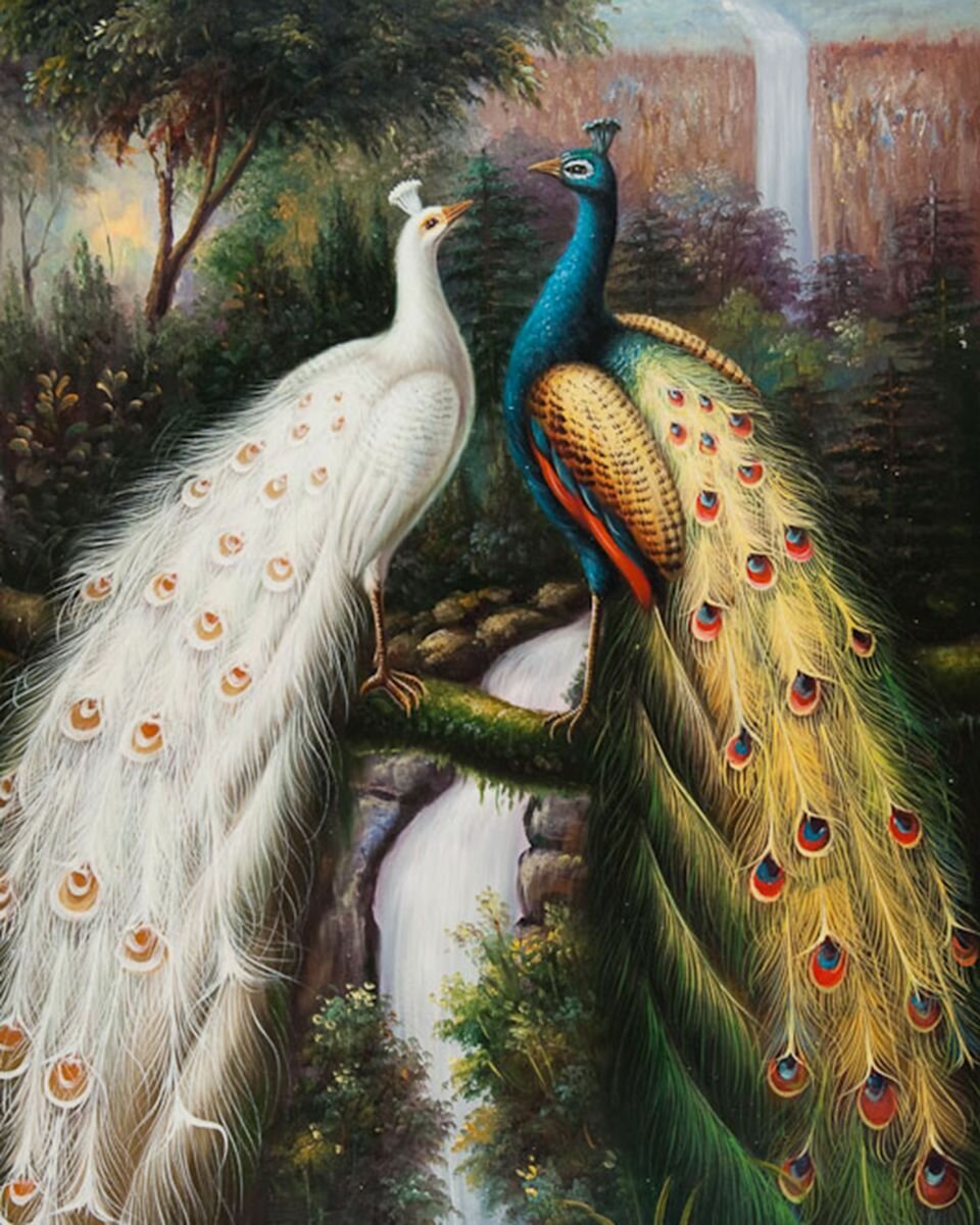 Картина по номерам на холсте 40*50 см "Два павлина" раскраска на подрамнике птицы с красивыми хвостами рисование