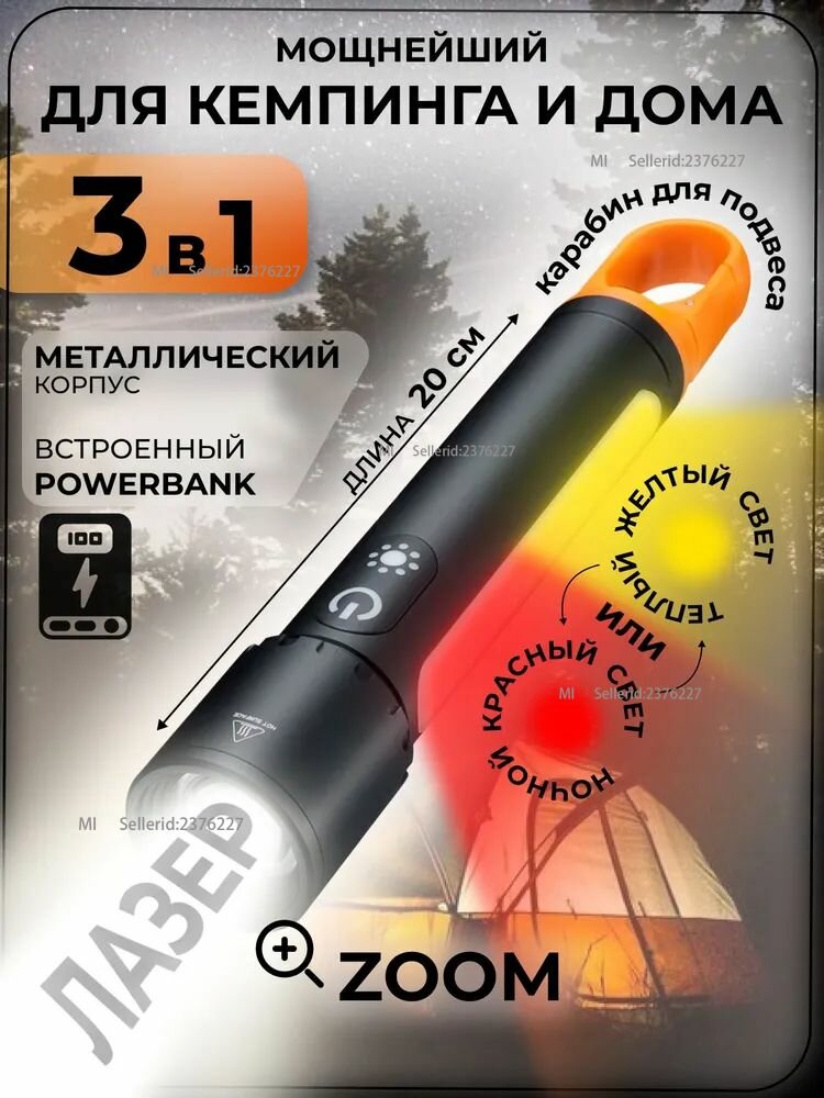 Кемпинговый фонарь аккумуляторный, Power Bank, ЗУМом луч, LED COB светильник для палатки, фонарик походный, с карабином