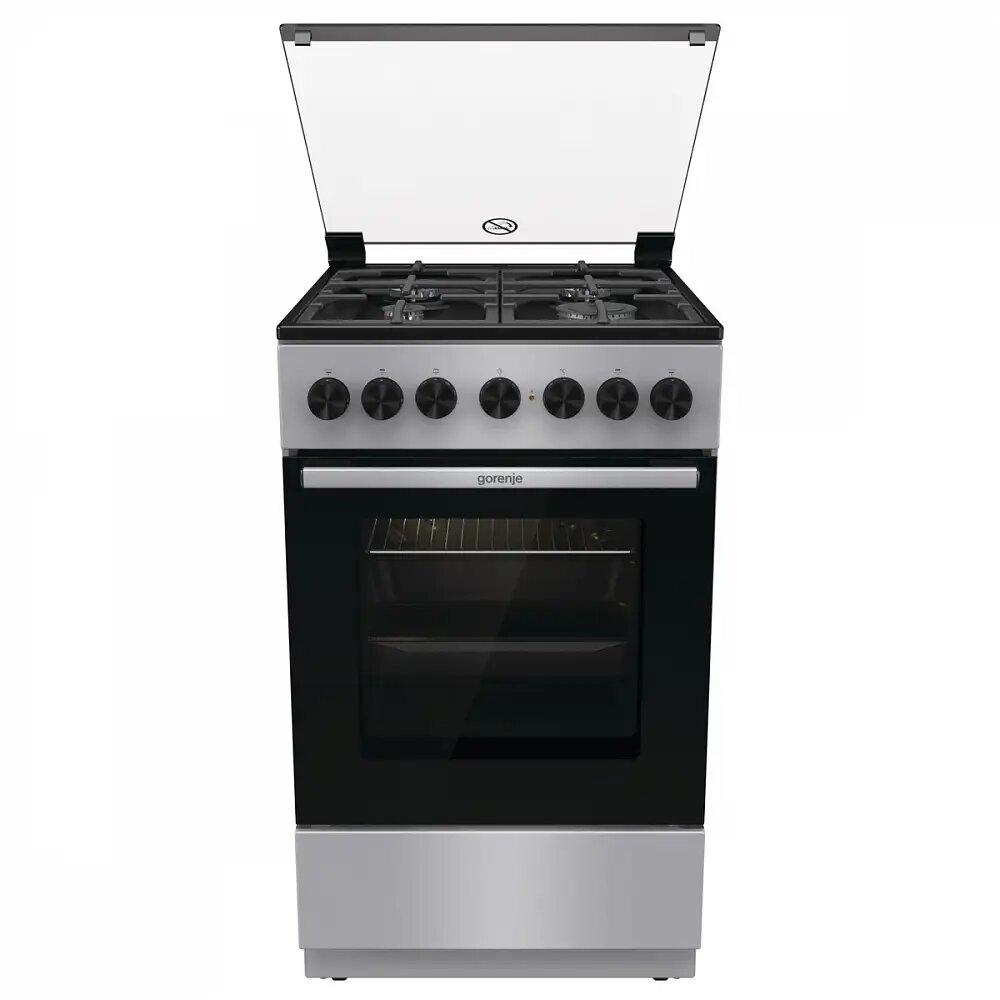 Комбинированная плита Gorenje GK5B44SF серебристый, 4 конфорки, крышка стекло, гриль, конвекция