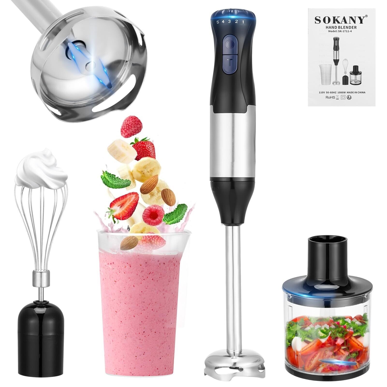 Ручной блендер 4-в-1, 1000 Вт, переменная скорость, нержавеющая сталь