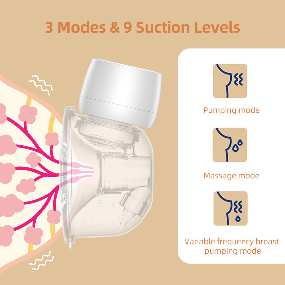 Носимая модель молокоотсоса Hands Free для грудного вскармливания 3 режима 9 уровней всасывания Низкий уровень шума Встроенная батарея с молокоотсосом 240 мл для домашнего путешествия