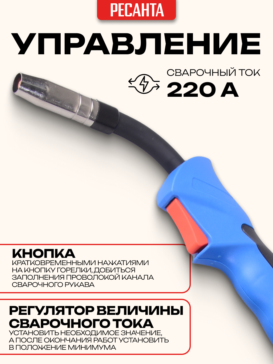 Горелка, Ресанта САИПА-220, сварочный ток 220 А, для MIG/MAG, 2 м — фото 1