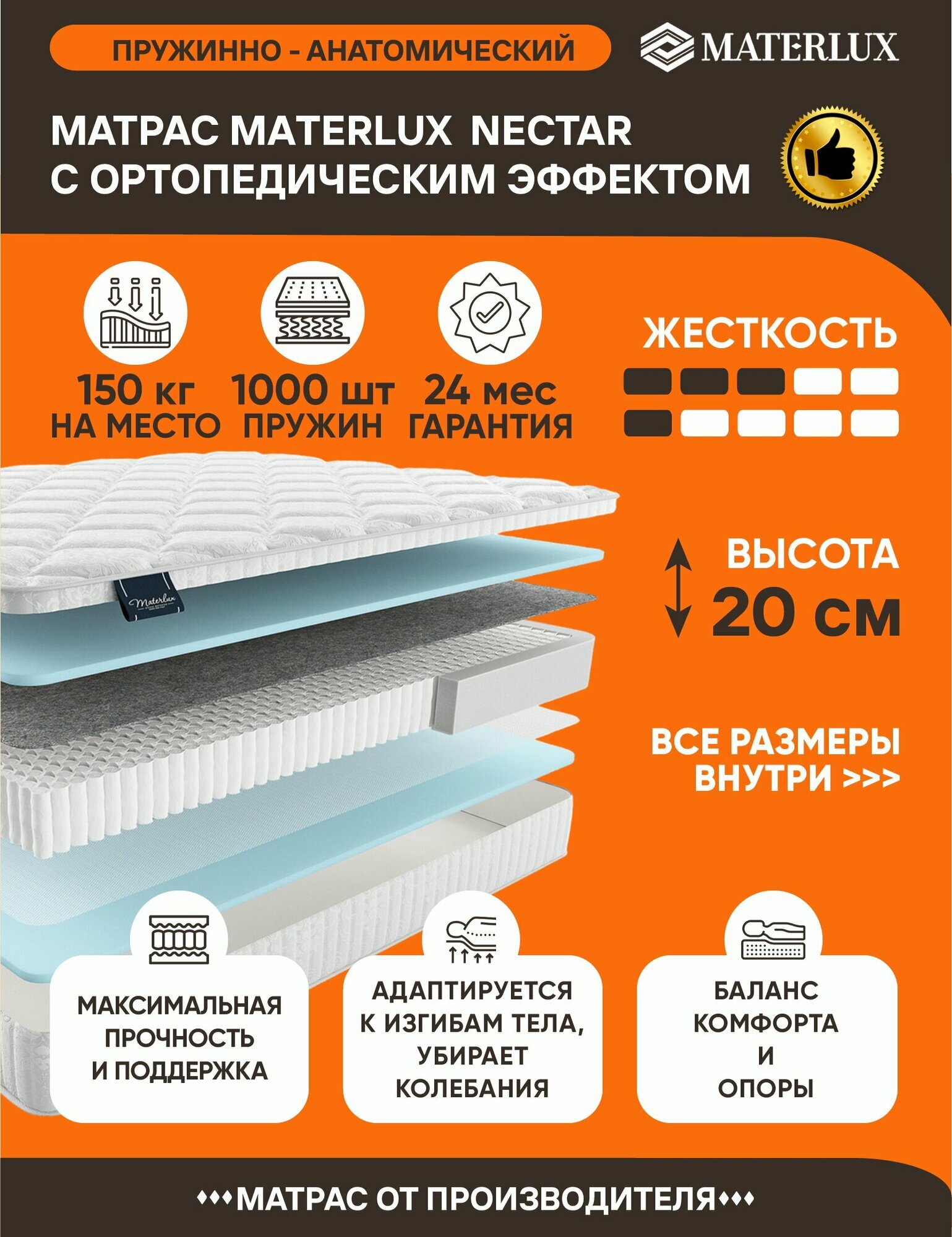 Матрас Materlux Nectar 160х200 серии Lux высота 20 см анатомический средней жесткости мягкий Независимые пружины