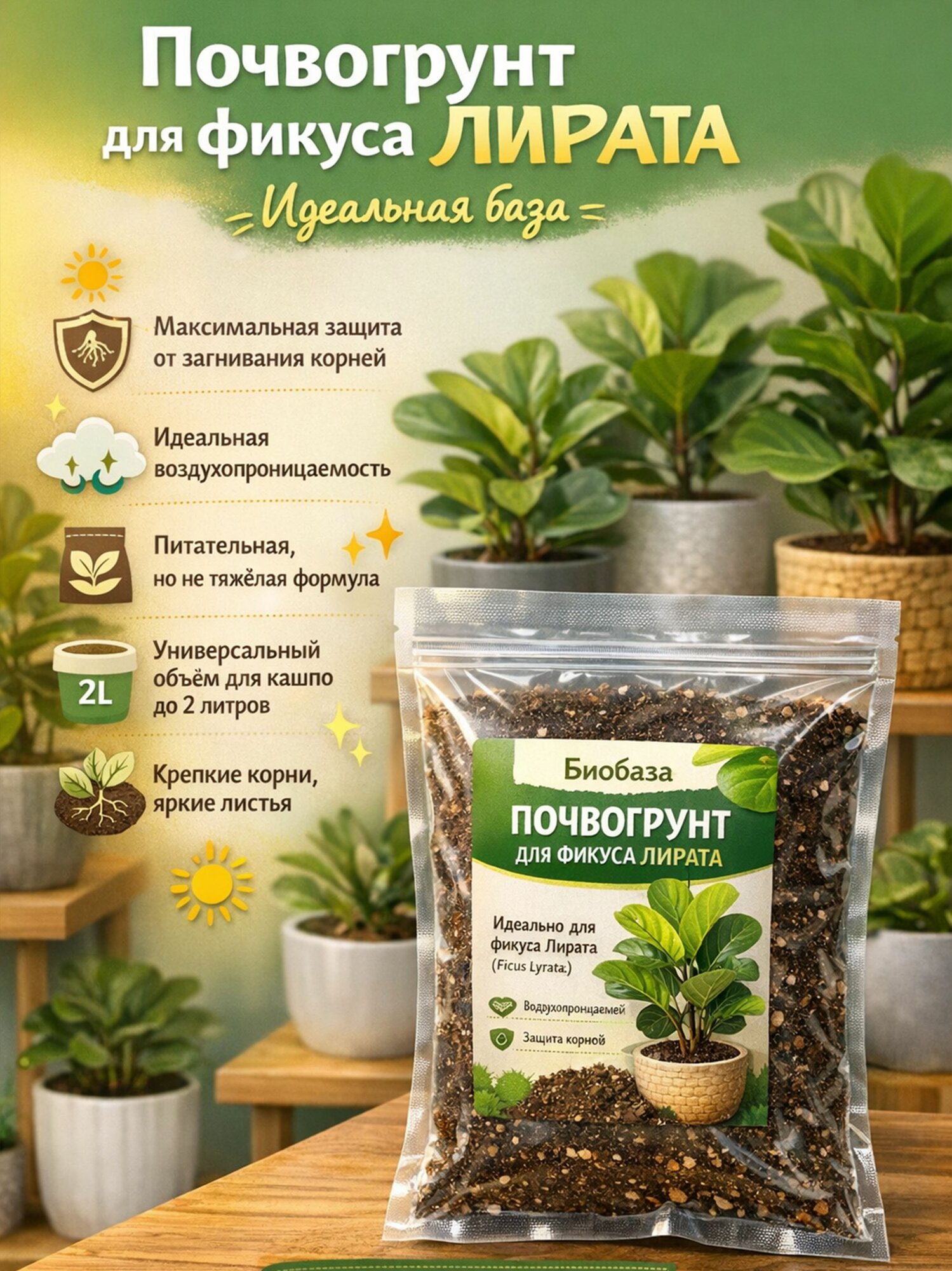 Почвогрунт для фикуса Лирата для кашпо до 2л Премиум грунт для растений