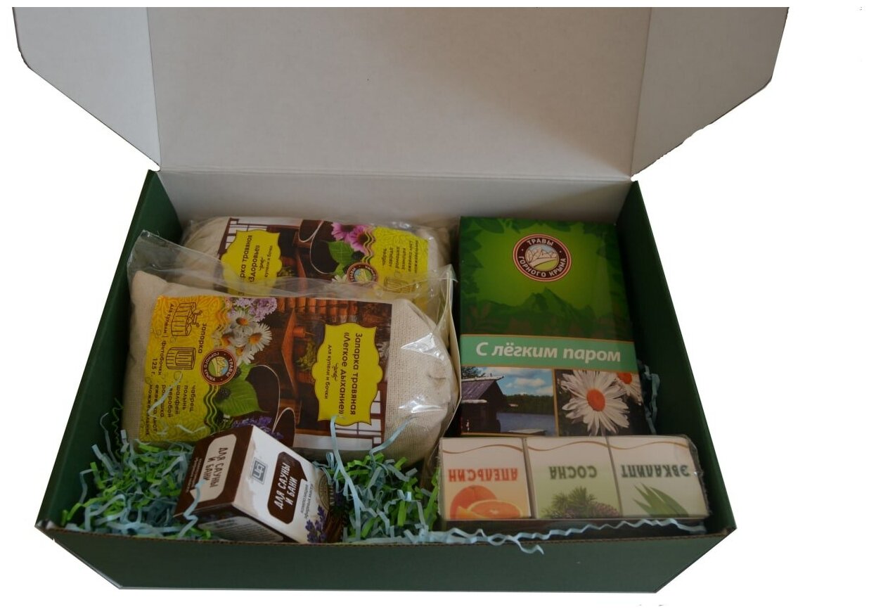 Банный набор аромамасло, чай травяной, 2 запарка для бани и джутовая мочалка с мылом