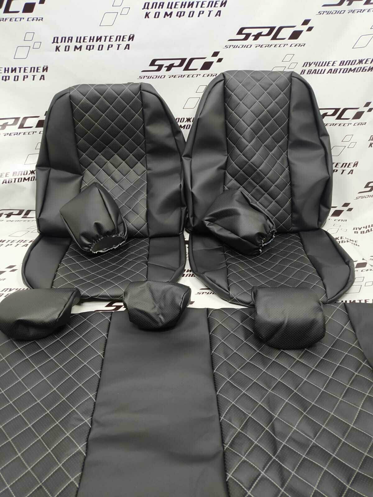 Модельные авточехлы на Lada Granta седан (до 2017 г. рестайлинг), черная экокожа с серыми квадратами