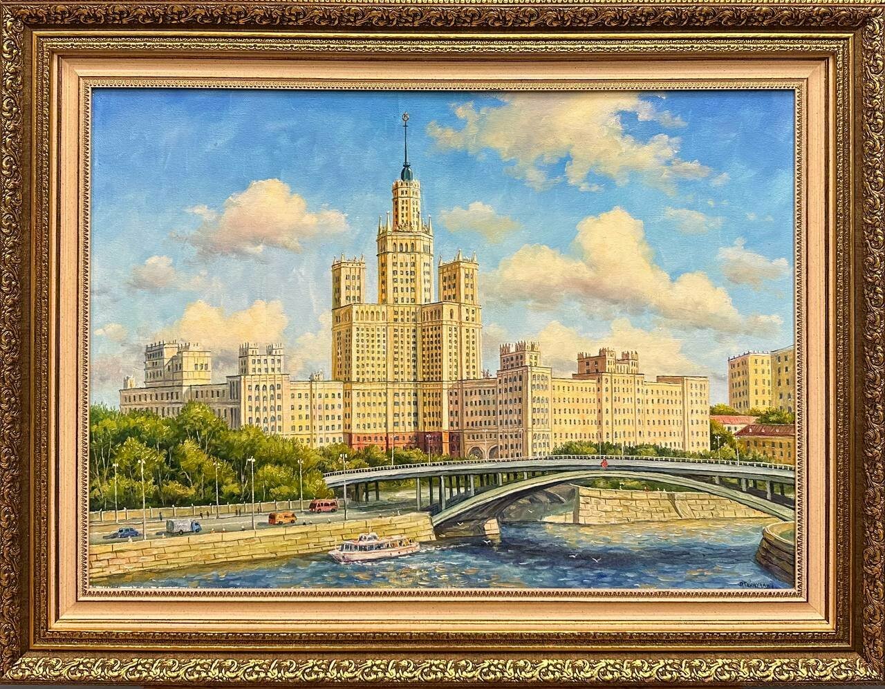 Картина маслом, городской пейзаж "Москва. Высотка на Котельнической набережной"