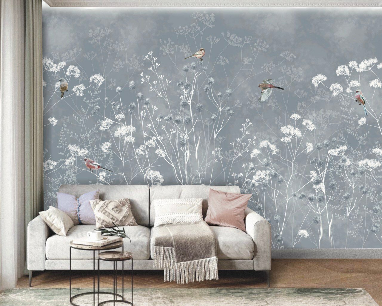 Фреска бесшовная "Птички Урагусы" серый (ширина 2750мм х длина 2000мм)