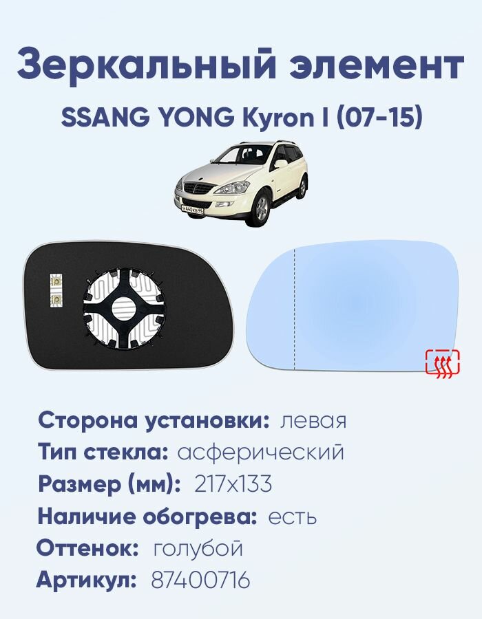 Зеркальный элемент левый SSANG YONG Kyron I (07-15) асферика голубой с обогревом. Крепление на Круглый Моторчик - диаметр 84 мм.
