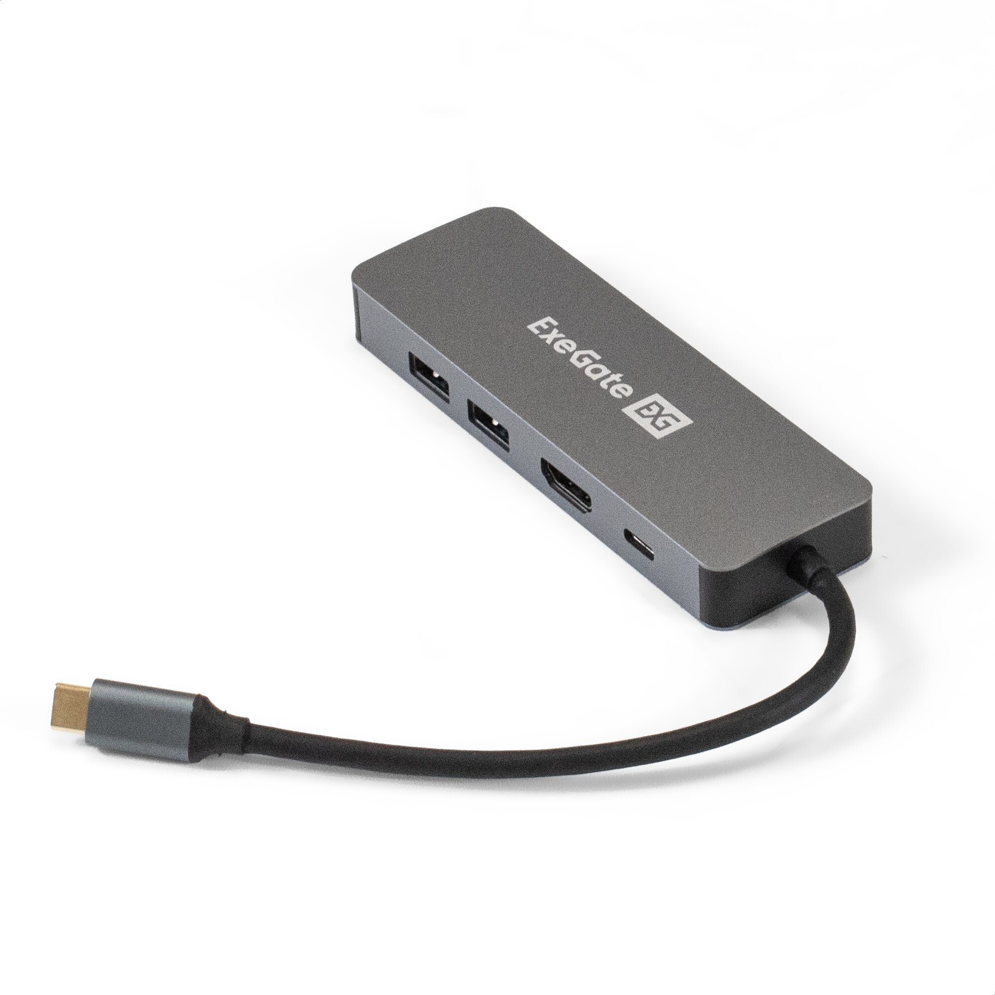 Док-станция 5-в-1 ExeGate DUB-21C/PD/HL (кабель-адаптер USB Type-C --> 2xUSB3.0 + PD 100W + HDMI 4K@60Hz + Lan RJ45 10/100/1000Mb, Plug&Play, корпус алюминиевый, цвет серый) EX293982RUS