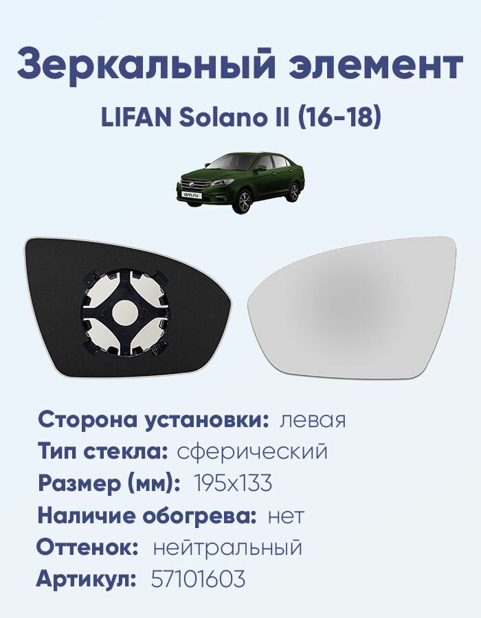 Зеркальный элемент левый LIFAN Solano II (16-18) сфера нейтральный без обогрева