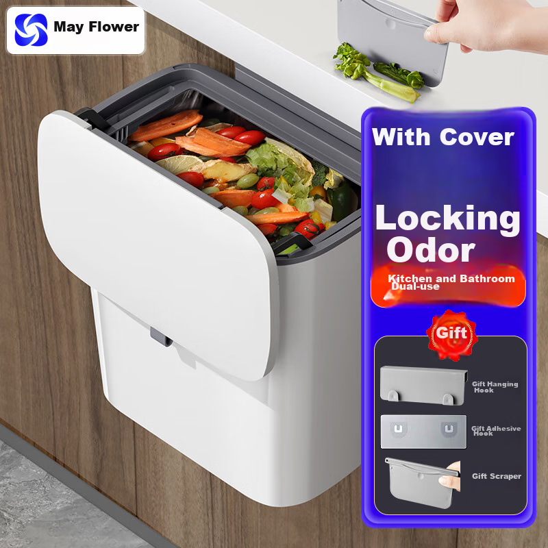 May Flower Wall-Mounted Trash Can with Lid, Hanging without Bending, Household Sorting, Thickened, for Kitchen And Bathroom, 9L