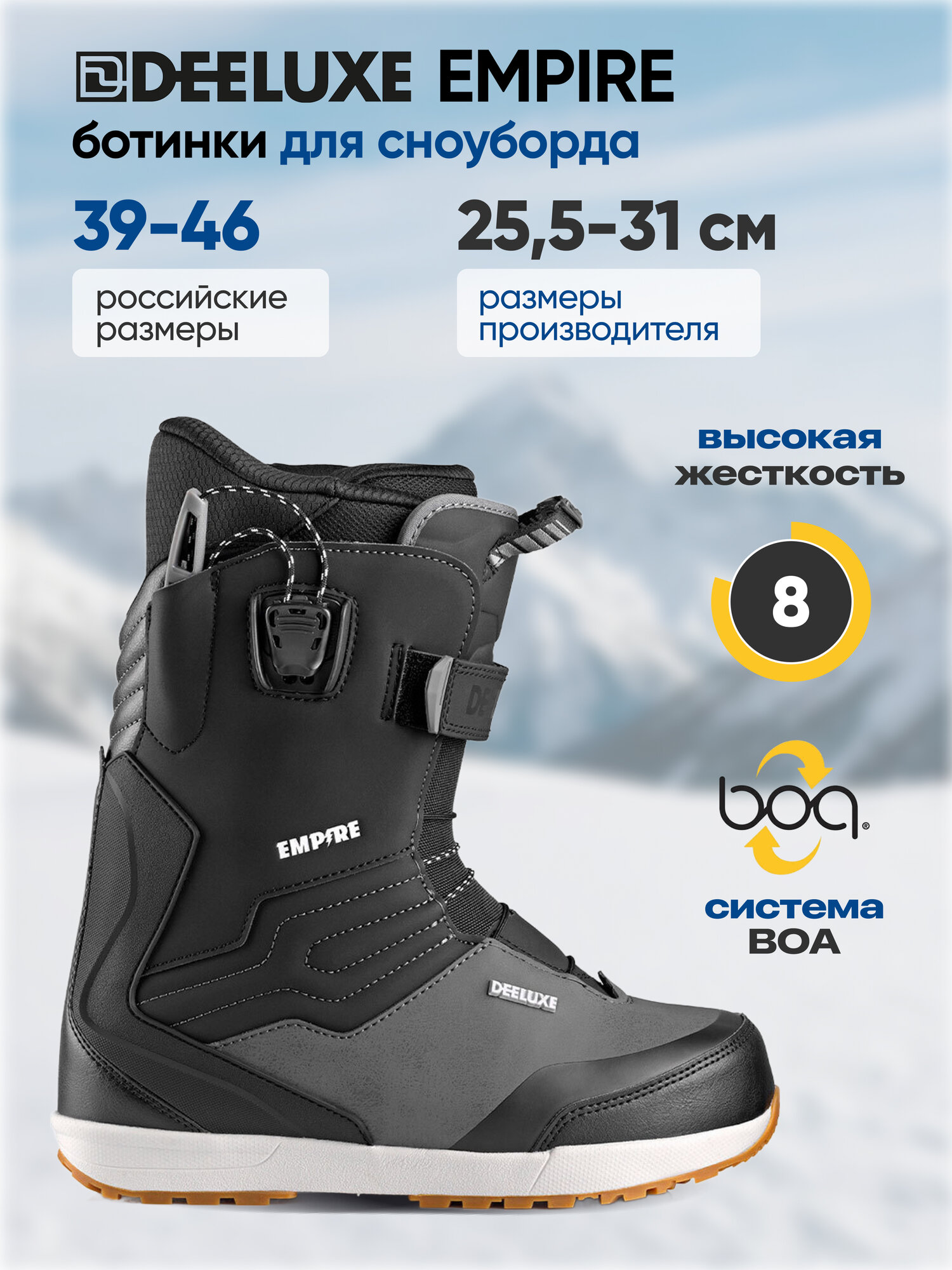 Ботинки сноубордические DEELUXE EMPIRE (24/25) Charcoal, 27, жёсткие ботинки