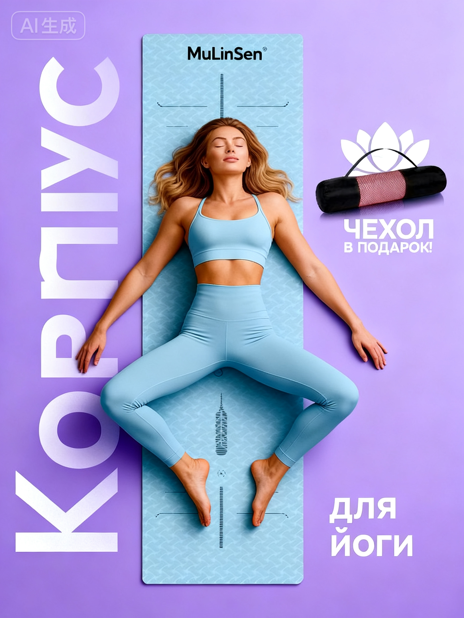 Коврик для фитнеса и йоги "Mulinsen", нескользящий, ТПЕ, чехол, фиолетовый