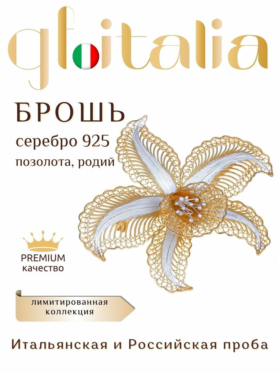 Брошь, серебро, 925 проба, родирование