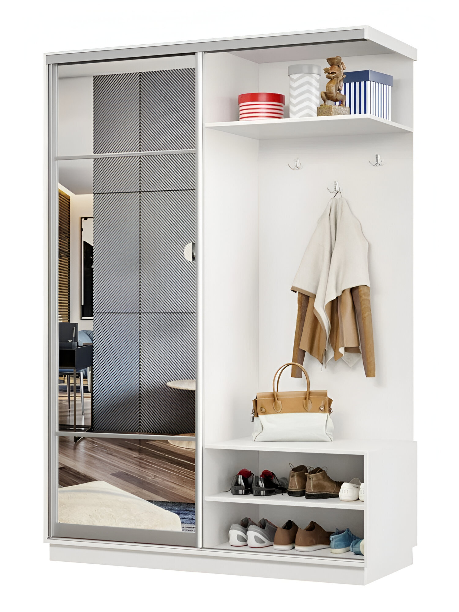 Прихожая комплект Маршал Лайт Правый с обувницей, с полками, со штангой, с зеркалом, 100х45х240 см, Белый