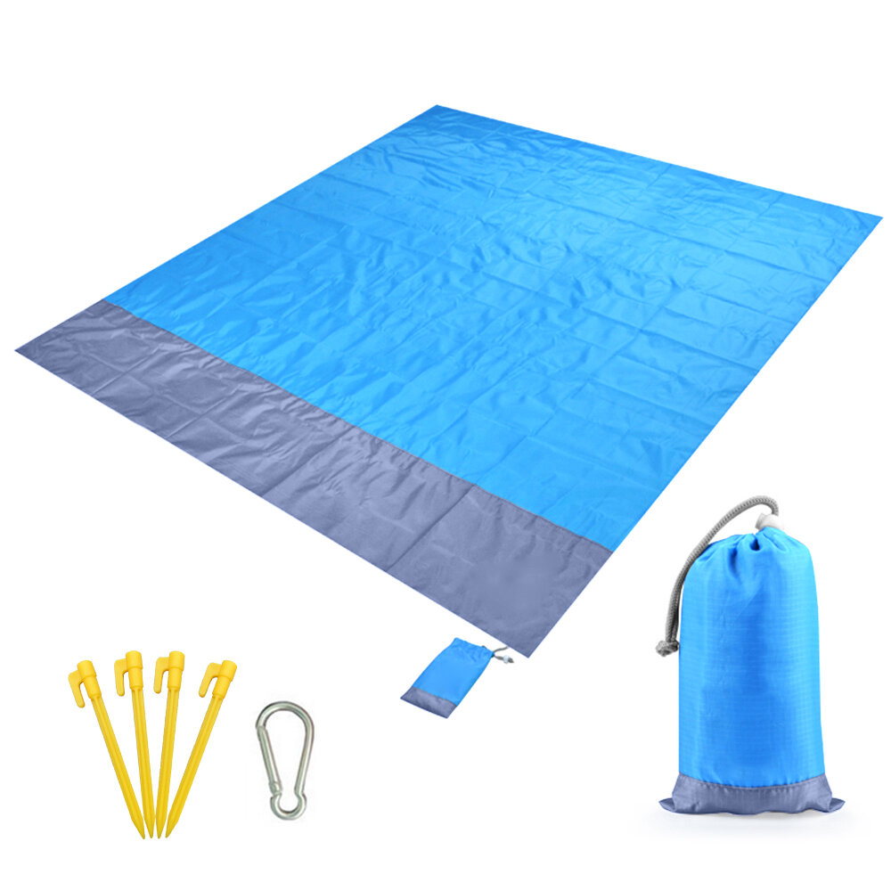 Waterproof Beach Blanket Outdoor Portable Picnic Mat Camping Ground Mat Mattress Light Blue and Grey 200*210cm Polyester & TPU coating 1 Blanket 4 Peg 1 Storage Sack