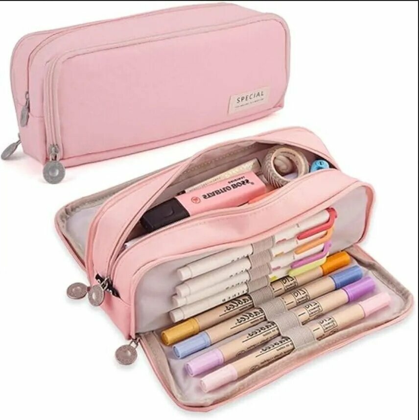 Большой пенал с 3 отделениями для детей, Девочек-подростков, Мальчиков, Школьные принадлежности, Розовый