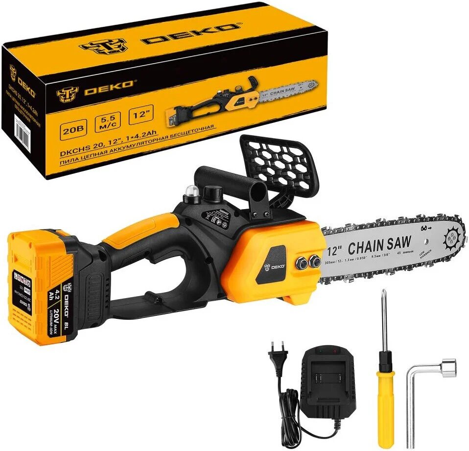 Аккумуляторная пила Deko DKCHS 20V 083-2021 (с 1-им АКБ), шаг цепи 3/8 дюйма, длина шины 30 см