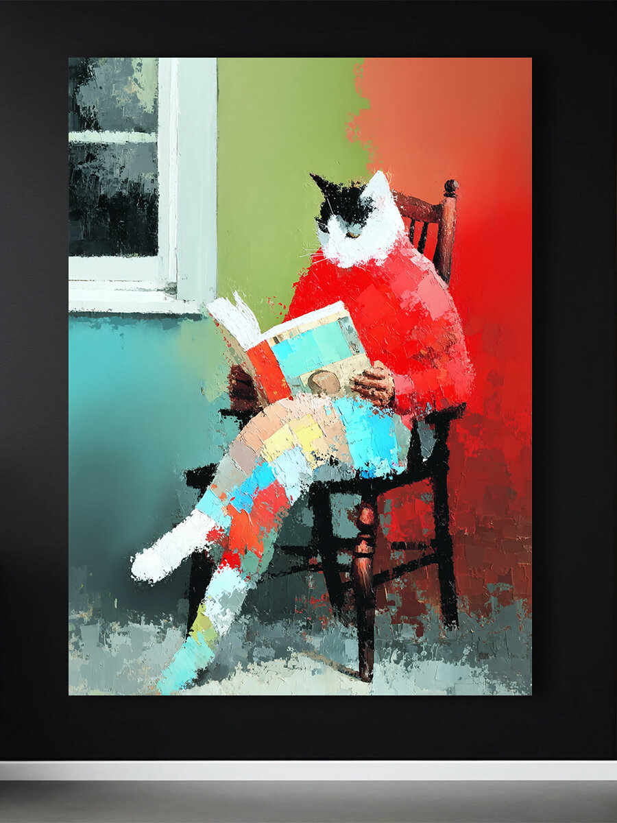 Картина интерьерная на стену - "Кот читает книгу, прикольная картина на стену" , 60х80 см.