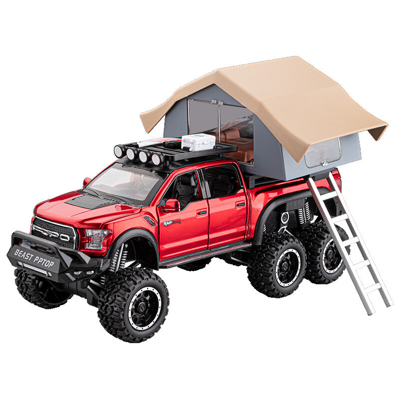 Модель автомобиля внедорожник Raptor F150 масштаб 1:24, алюминий, с акусто-оптическими эффектами, подтягиваемый, размеры 21.5 x 13.3 x 13 см, шесть дверей открываются, кабина для кемпинга с открытыми дверями и окнами, шесть колес с подвеской, большие