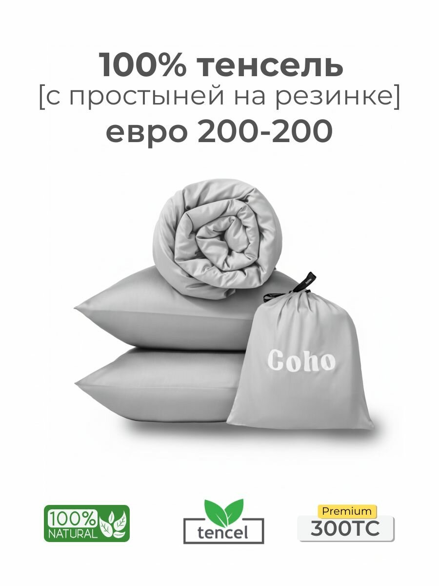 Комплект постельного белья, евро, 50x70, на резинке, 200x200, тенсель, светло-серый, Coho Home